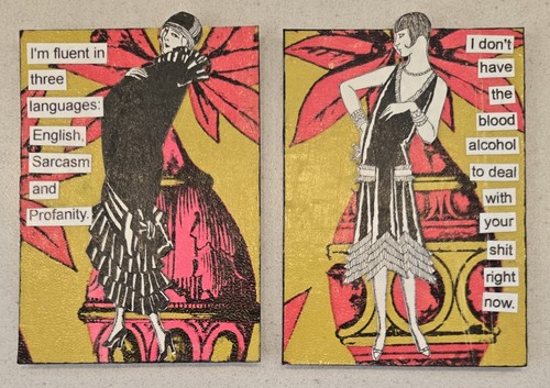 LOT OF 2 Snarky Women MAGNETS Mixed Media Collage Art Card ACEO ATC ...