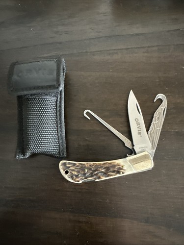ORVIS ITALY LOCKBACK BLADE FOLDING KNIFE W HORN HANDLE & HOOK AND SAW ...