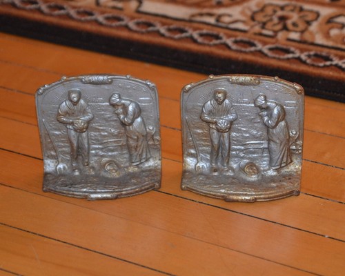 Set of Antique Iron Library Bookends, Farmer Wife Praying Angelus at ...