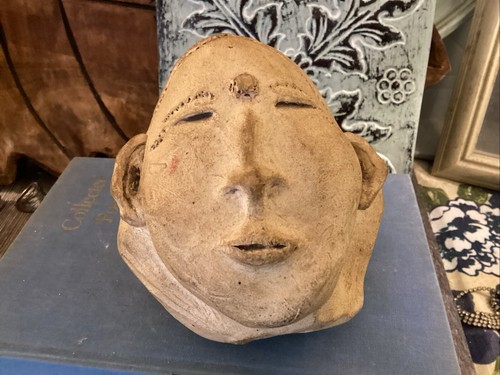 Asian Thai Buddha Head Sculpture Clay Pottery Artifact Hollow Face Boho ...