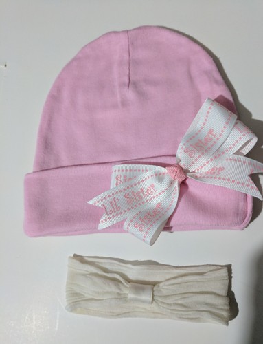 Baby girl beanie pink hat with alligator clip/bow headband 0-6months ...