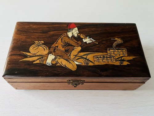 Rare Antique Folk Art Indian Marquetry Inlaid Wood “Snake Charmer” Box ...
