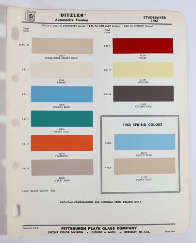 1961 Studebaker Color Paint Chip Sheet Ditzler PPG Automotive Finishes ...