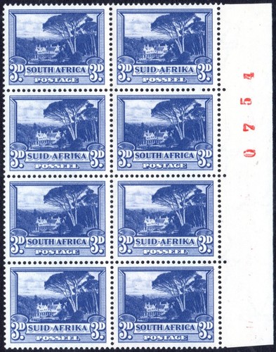 South Africa 1947-54 3d blue, SHEET NUMBER block of 8, SG.117a, VFM | eBay