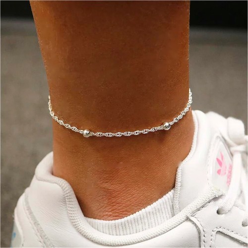 925 Sterling Silver 2MM DIAMOND CUT Beaded Singapore Anklet Chain 9" or ...