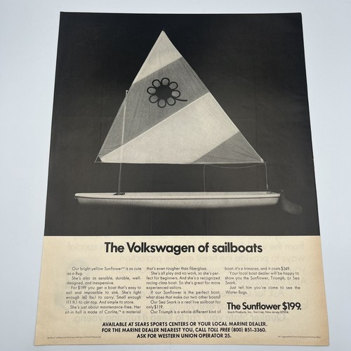 Sunflower Sailboat 1971 Vtg Print Ad 10.25"x13" Volkswagen of sailboats Snark | eBay