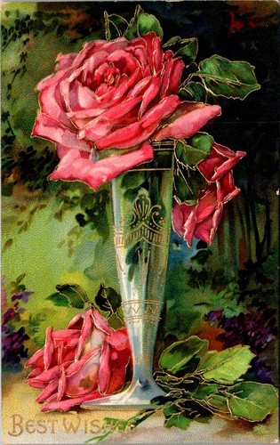 Postcard Best Wishes pink roses in etched glass vase with gilt ...