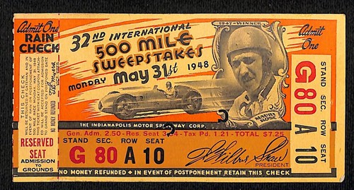 1948 Indy 500 Ticket / IMS 500 Mile Sweepstakes Ticket Stub Seat 10 VGC ...