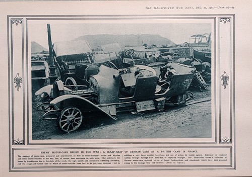 1914 WWI WW1 PRINT SCRAP HEAP OF GERMAN CARS AT BRITISH CAMP ENEMY ...