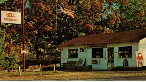 c 1960 US Post Office Hell MI Ranch House Grill Flag Sign Postcard PC ...