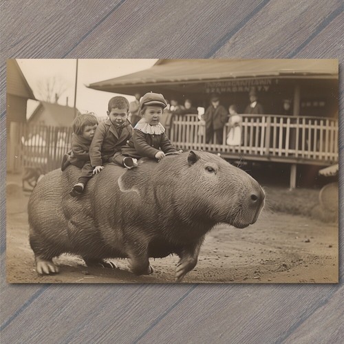 POSTCARD Capybara Kids Riding Old School Vibe Weird Strange Funny Race ...
