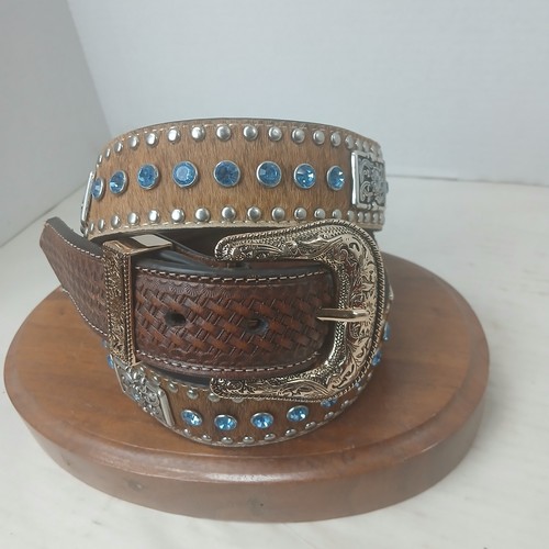 NOCONA BELT Med Brown Leather Moc Croc Conchos Rhinestones 42 Western ...