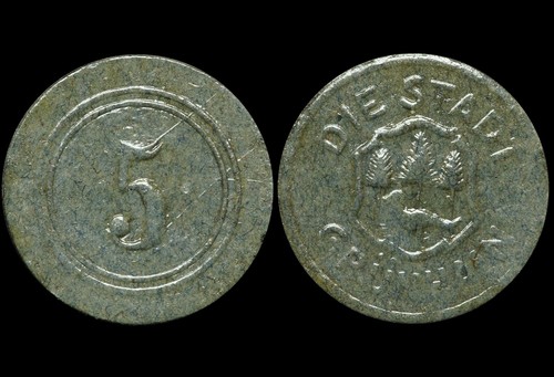 GERMANY - NOTGELD WWI: 5 Pfennig, blue cardboard. TOWN of GRÜNHAIN ...