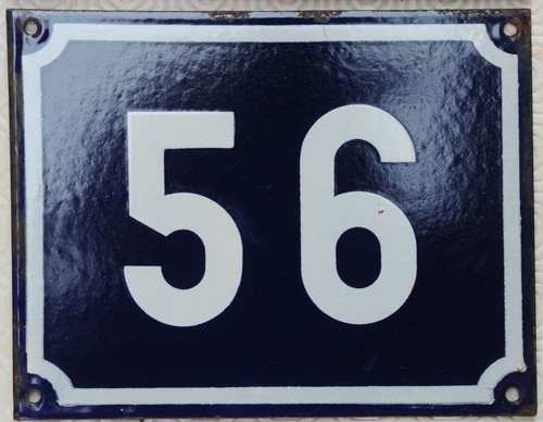 Large old blue French house number 56 door gate plate plaque enamel ...