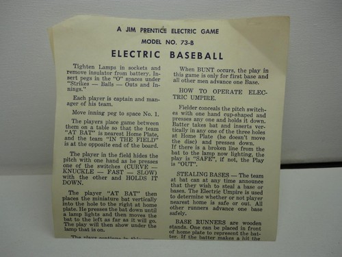 Jim Prentice Electric Baseball Game Model 74-B Directions Only Maine ...
