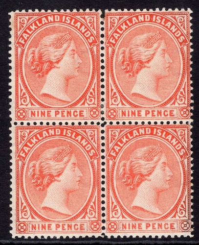 FALKLAND IS 1891-1902 9D SALMON FRESH MOUNTED MINT BLOCK OF FOUR ...