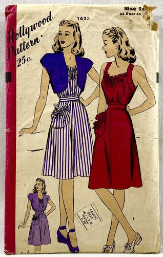 1940s Hollywood Sewing Pattern 1623 Womens Sun-back Dress & Bolero Size ...