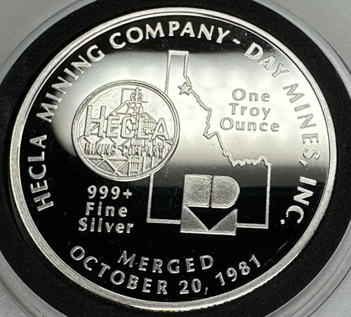 1982 Hecla Mining .999 Silver 1 Oz Day Mines Merger Bullion Art Round ...