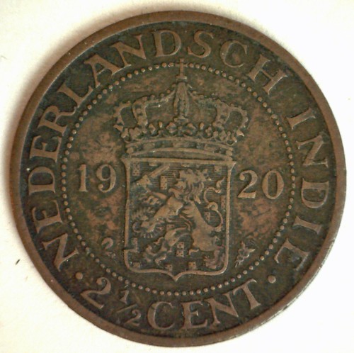 1920 Netherlands East Indies 2 1/2 Cent Bronze Coin Extra Fine Circ ...
