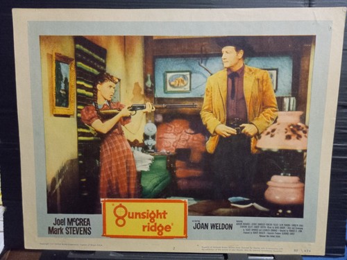 Lobby Card 1957 GUNSIGHT RIDGE Joel McCrea at gunpoint teen Carolyn ...
