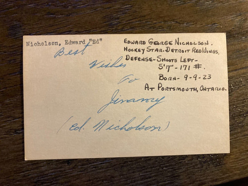 Edward Ed Nicholson Detroit Red Wings signed autograph Hockey 3x5 index ...