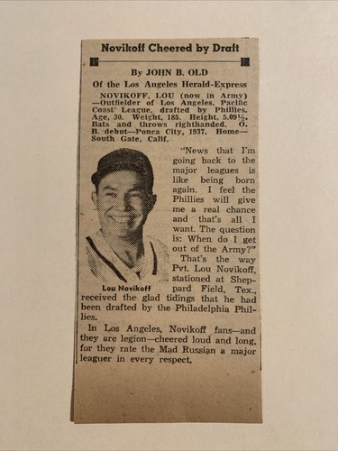 Lou Novikoff Los Angeles Angels In Army 1945 Sporting News Baseball 2X5 ...