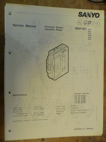 Sanyo MGP-921 Cassette Player Original Service Manual | eBay