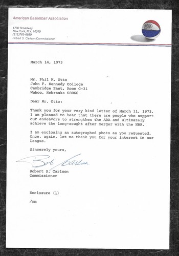 ABA Letter Signed by Commissioner Robert Carlson American Basketball ...