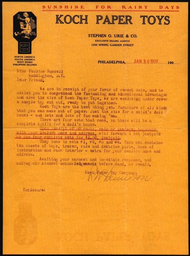 1909 Philadelphia - Koch Paper Toys - Stephen O Urie & Co - Rare Letter ...