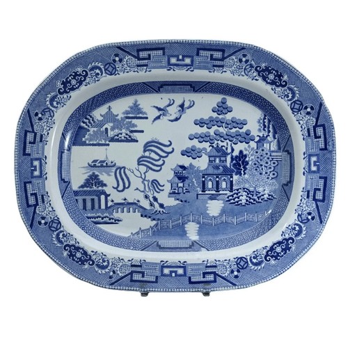 c1840 19.5" Blue Willow Turkey Platter 19.5" x 15.5" Impressed Crown ...