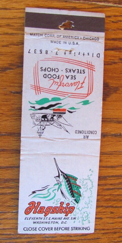FISH MARLIN MATCHBOOK COVER: FLAGSHIP WASHINGTON, DC EMPTY 1950s ...