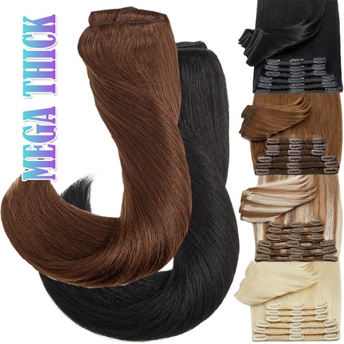 Russian THICK Clip In 100% Real Remy Human Hair Extensions Full Head ...
