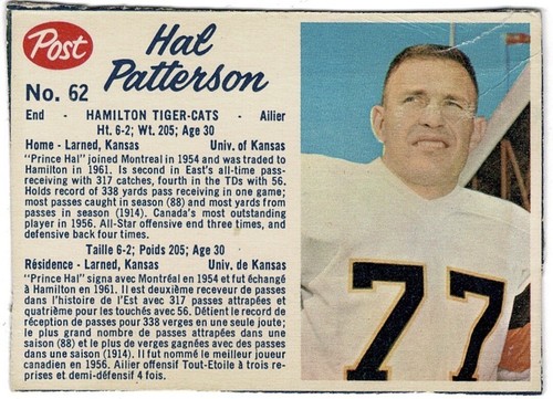 1962 Post Cereal Hal Patterson Hamilton Tiger-Cats CFL card #62 Univ ...