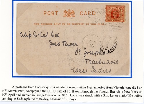 P85/45 AUSTRALIA 1903 VICTORIA 1 1/2 POSTCARD BARBADOS SHIP LETTER TO ...