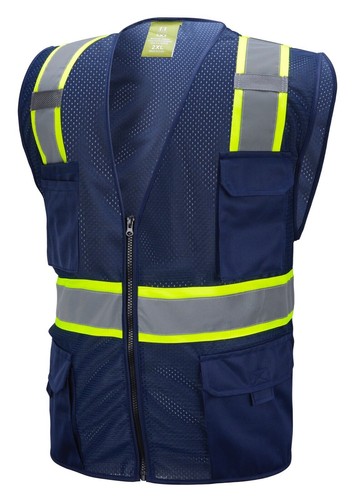 NAVY BLUE REFLECTIVE MESH SAFETY VEST w/ POCKETS 2 TONE SURVEYOR HIGH ...