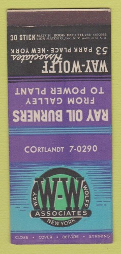 Matchbook Cover - Ray Oil Burners Way Wolff New York City 30 Stick ...