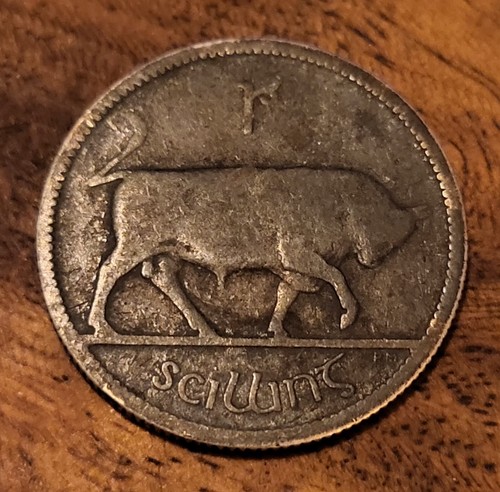 Silver Coin. Irish 1928 One Shilling (75% Silver) Eire Bull & Harp ...