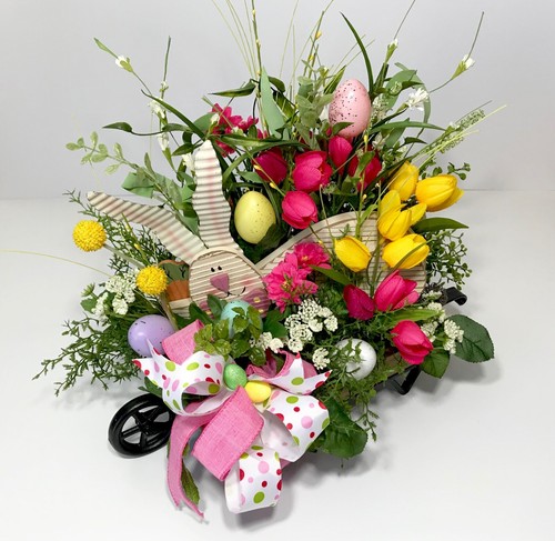 WOODEN EASTER BUNNY RABBIT WHEELBARROW EGGS LRG CENTERPIECE SPRING ...