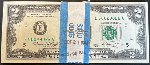 1976 $2 Small Size Federal Reserve Note $100 Bank Strap Uncirculated ...