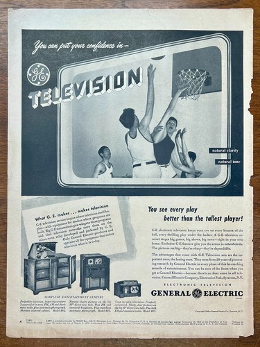 1948 GENERAL ELECTRIC Television Print Ad - Basketball GE Model 901 802 ...