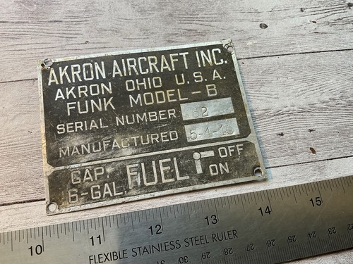 ORIGINAL 1940 AKRON AIRCRAFT INC OHIO FUNK MODEL B DATA SPEC NAME PLATE ...
