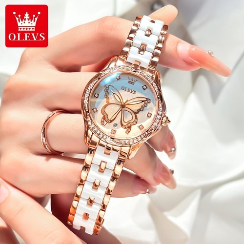 OLEVS Woman Fashion Ceramics Band Gems Butterfly Day Quartz Wrist ...