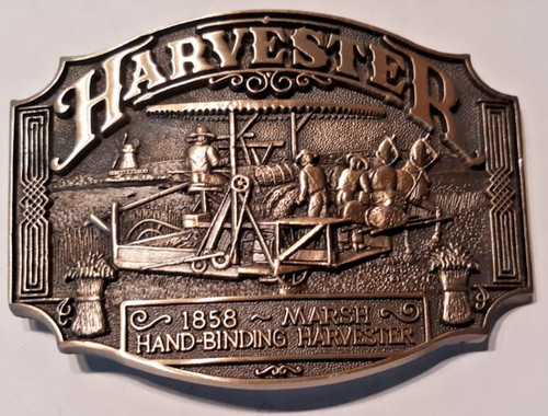 belt buckle Harvester 1958 Marsh Hand-Binding Harvester 3.5" long brass ...