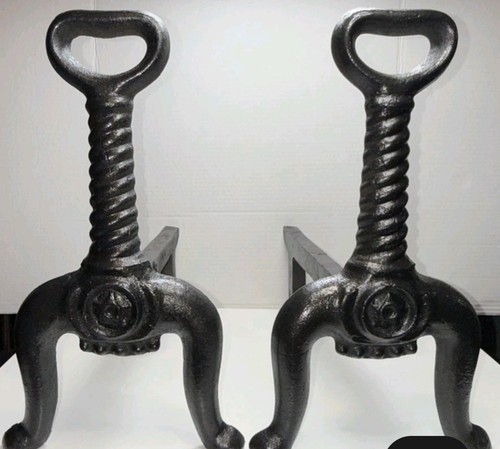 Set of 2 Antique Cast Iron #3 Fireplace Andirons Keyhole Twisted Star ...