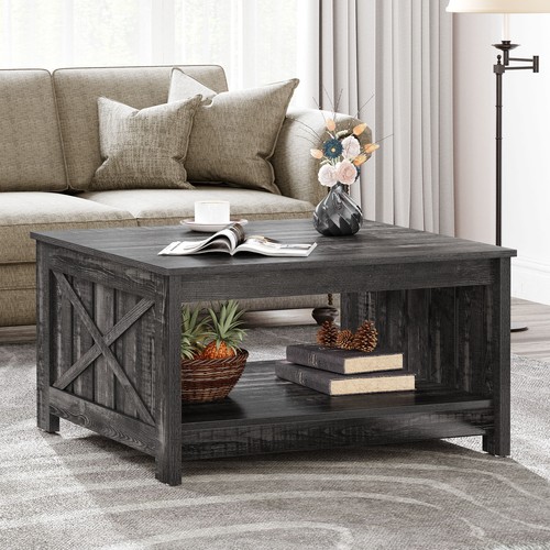 Rustic Square Coffee Table W/ Storage Shelf Farmhouse Cocktail Table ...