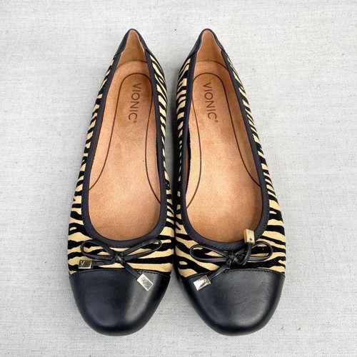 Vionic Womens 9 N Minna Ballet Flat Tiger Black Patent Cap Toe Bow ...