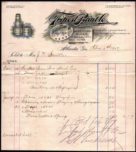 1907 Atlanta Ga - Tripod Paint Co - Glass Wall Paper - Rare Letter Head ...