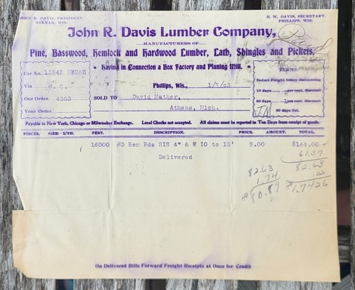 1905 Letterhead Michigan Athens Wisconsin Phillips John R Davis Lumber ...