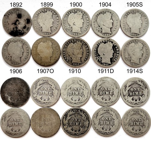 1892-1914 Set of 10 Barber Dime Collection Lot * All Different Dates ...