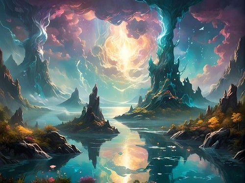 Otherworldy Celestial Lake Sky Pillars Hypnotic Clouds Fantasy Art Poster Print | eBay